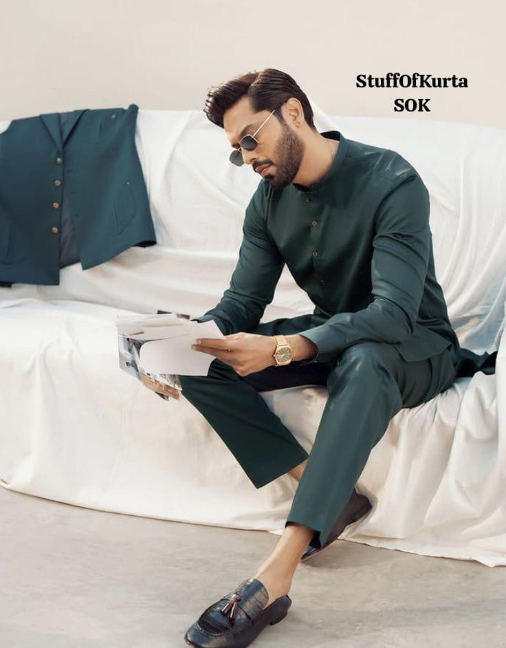 Men's Emerald Green Kurta Pajama Set: Blazer Style Wedding Outfit - Etsy