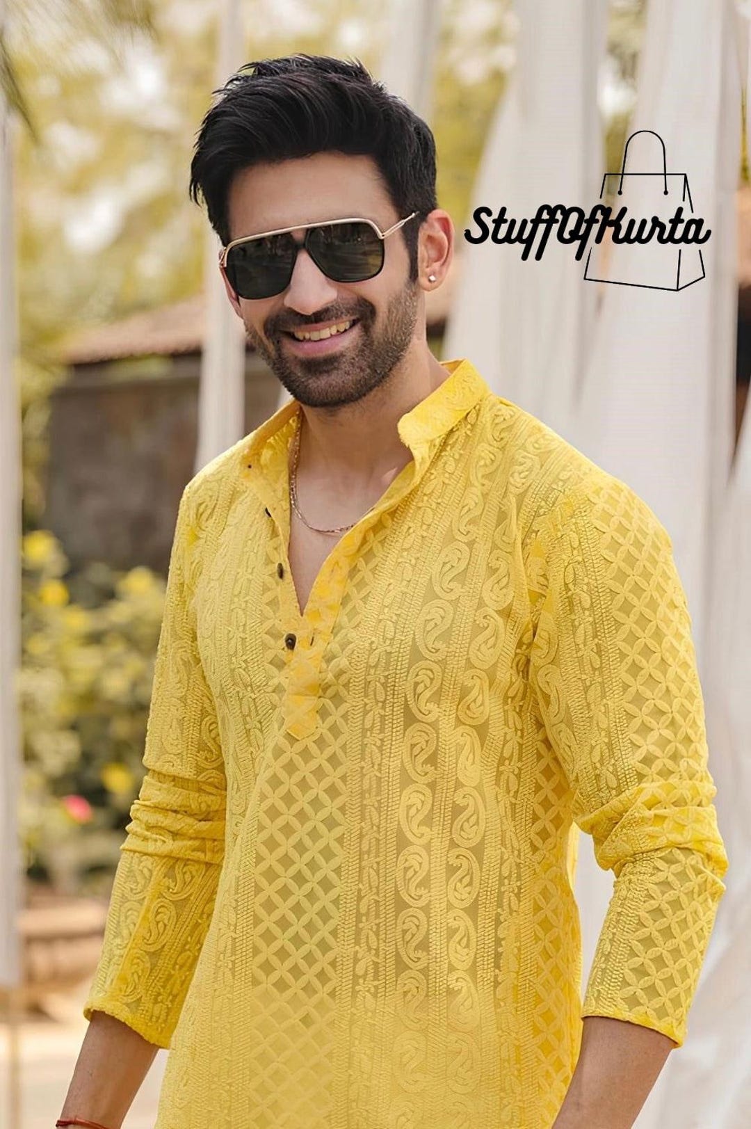 Yellow Haldi Kurta Sherwani 100% Pure Georgette Mirror Work Embroidered ...