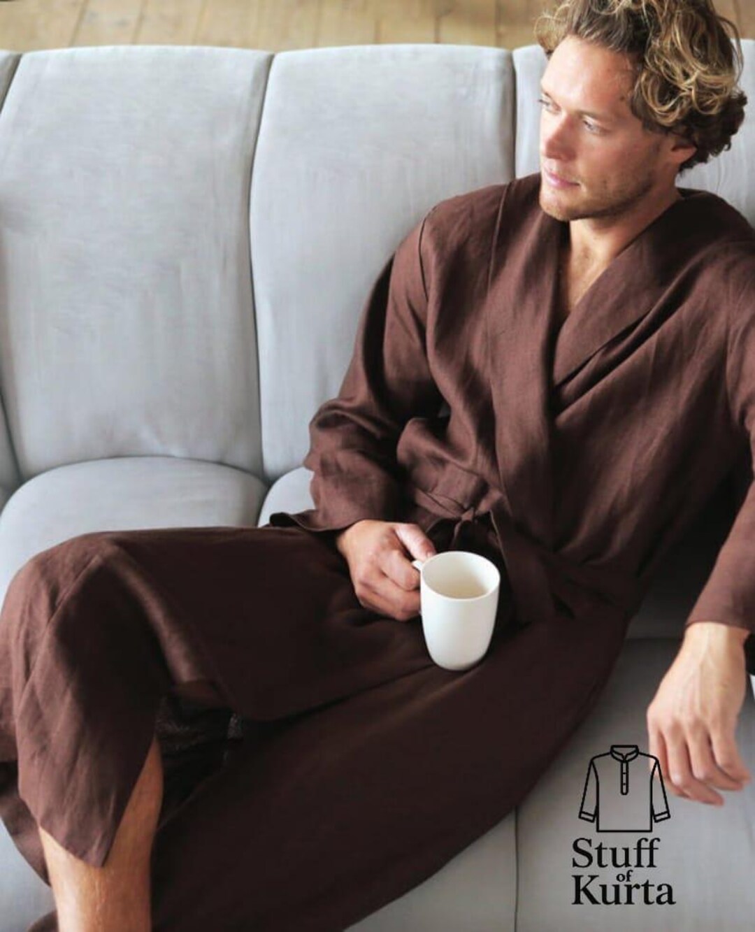 Linen Wrap Kurta Robe: Men's Belted Kimono, Ethnic Loungewear - Etsy