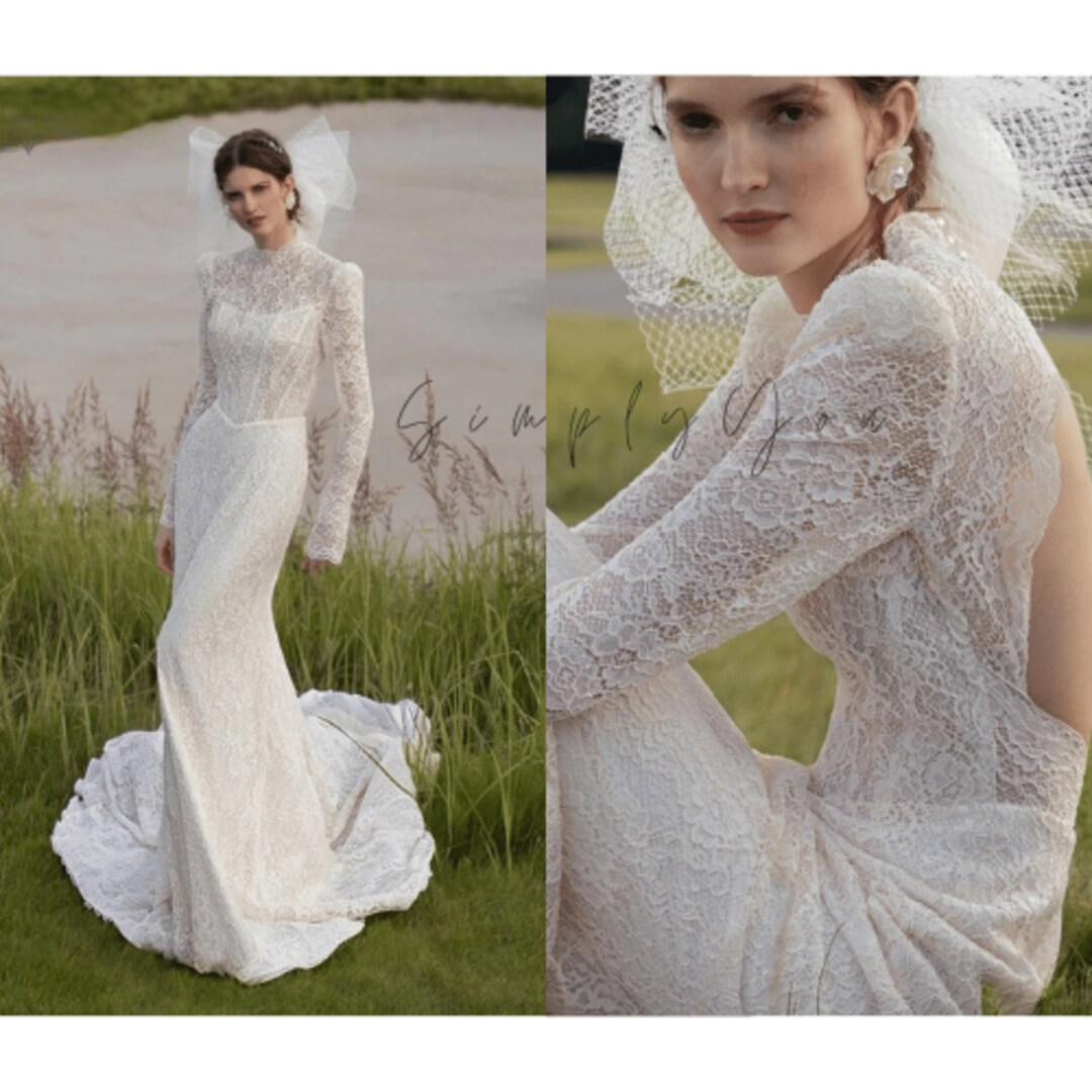 Luxury Mermaid Illusion High Neck Lace Wedding Dress For Women Backless Long Sleeve Bride Gown