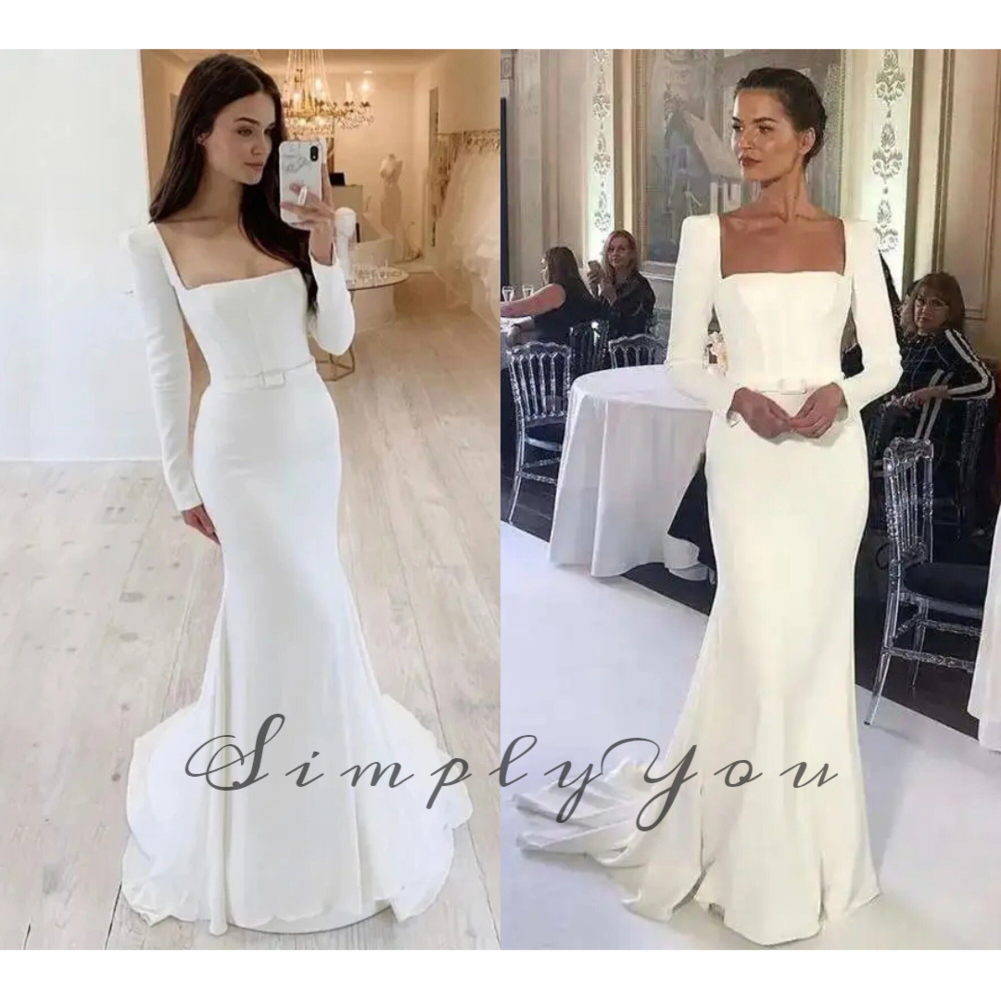 Elegant Mermaid Wedding Dress Square Neckline, Long Sleeves, Backless ...