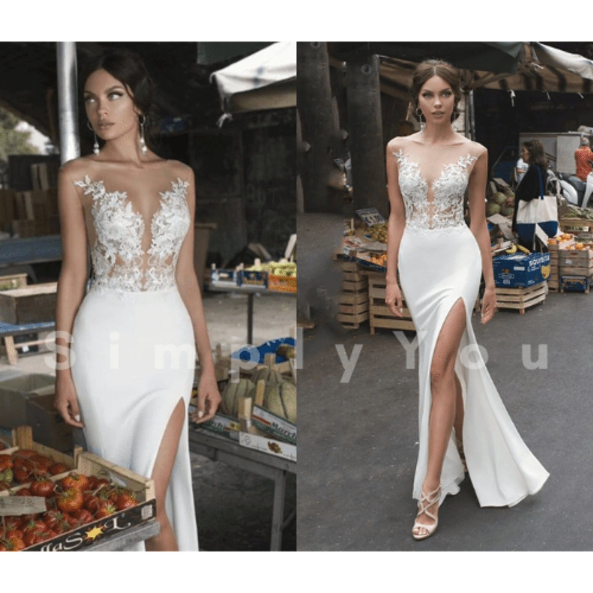 Lace Mermaid Wedding Dresses With Side Split, Backless Boho Bridal ...