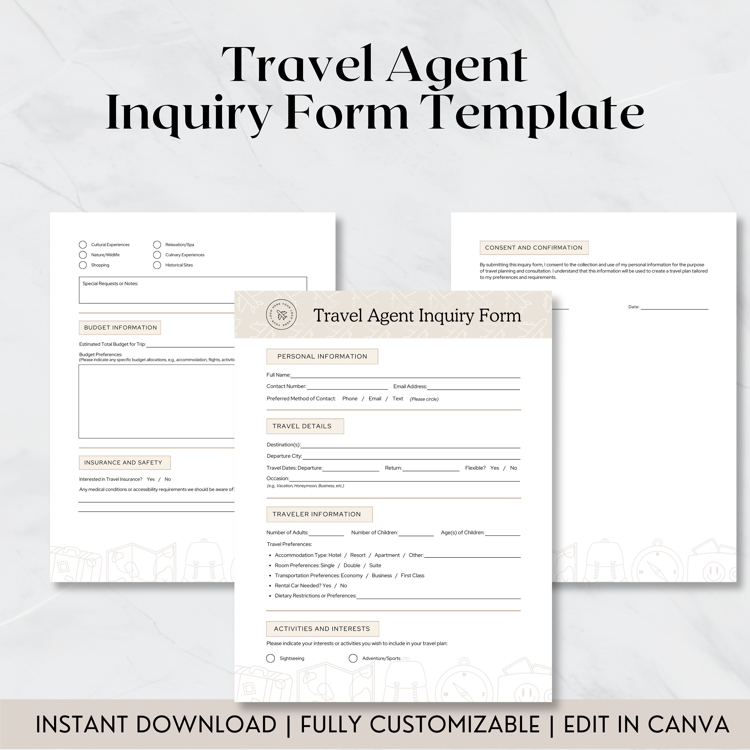 Travel Agent Inquiry Form Travel Agency Travel Business Form Travel ...