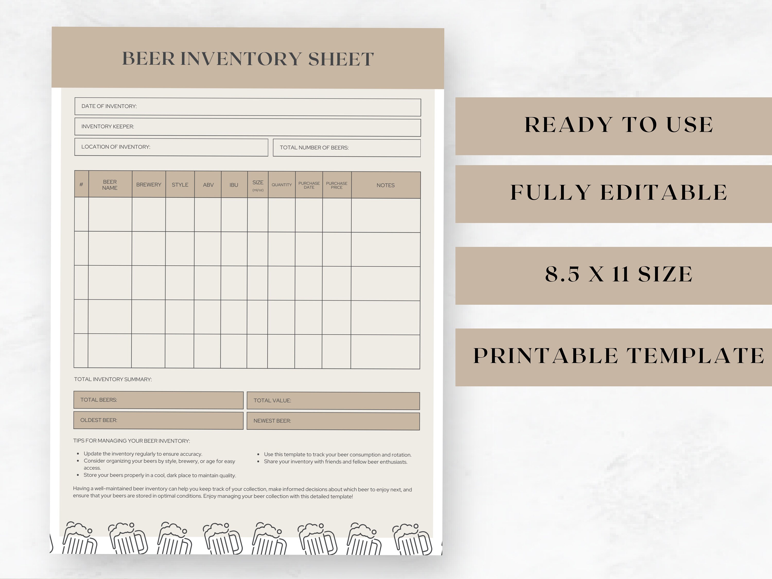 Beer Inventory Sheet Inventory Tracker Editable Inventory Log Inventory ...