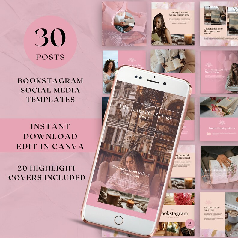 Bookstagram Post Templates: 30 Social Media Posts & 20 Highlight Covers ...