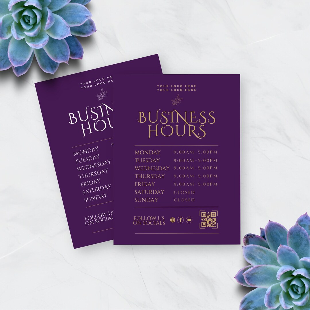 Business Hours Printable Sign | Storefront Hours | Hours of Operation ...