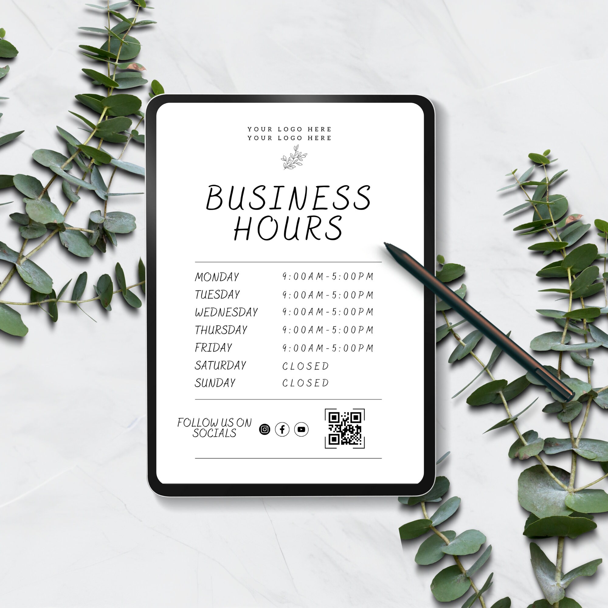 Business Hours Sign Printable |open Hours | Storefront Hours | Store ...