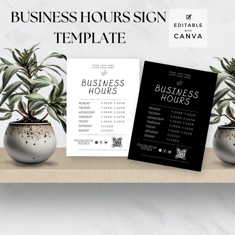 Black and White Themed| Printable Business Hours Sign| |store Hours ...