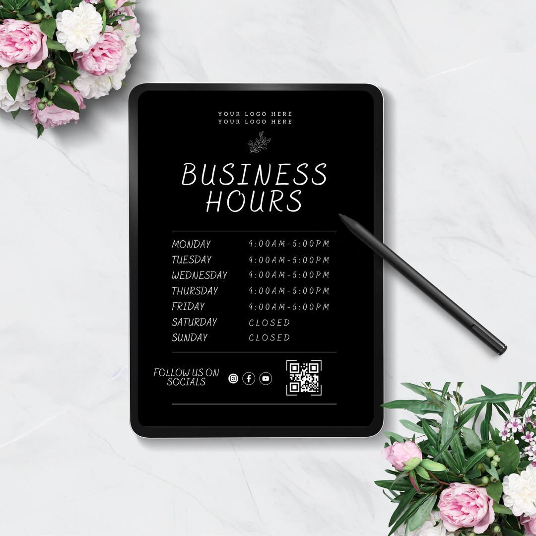 Black and White Themed Printable Business Hours Sign store Hours Sign ...