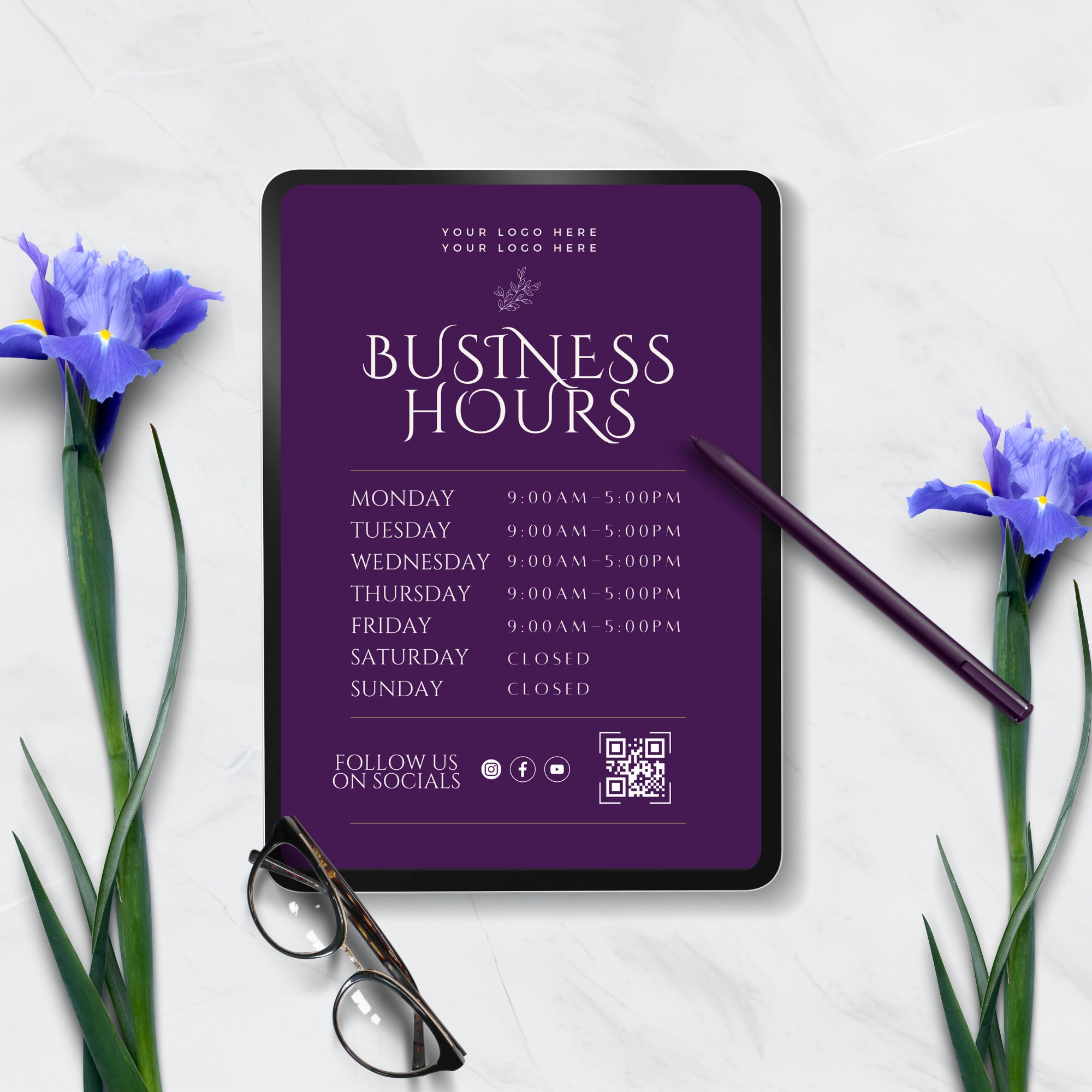 Business Hours Printable Sign | Storefront Hours | Hours of Operation ...