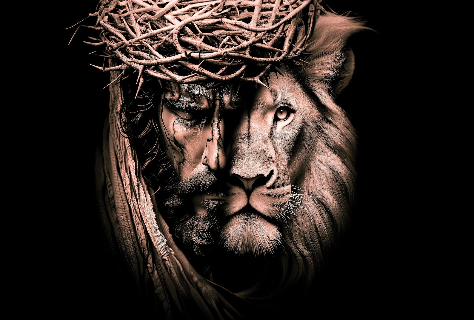 Jesús y León-Arte de Pared Descargable, Pintura Óleo Digital de Jesús ...