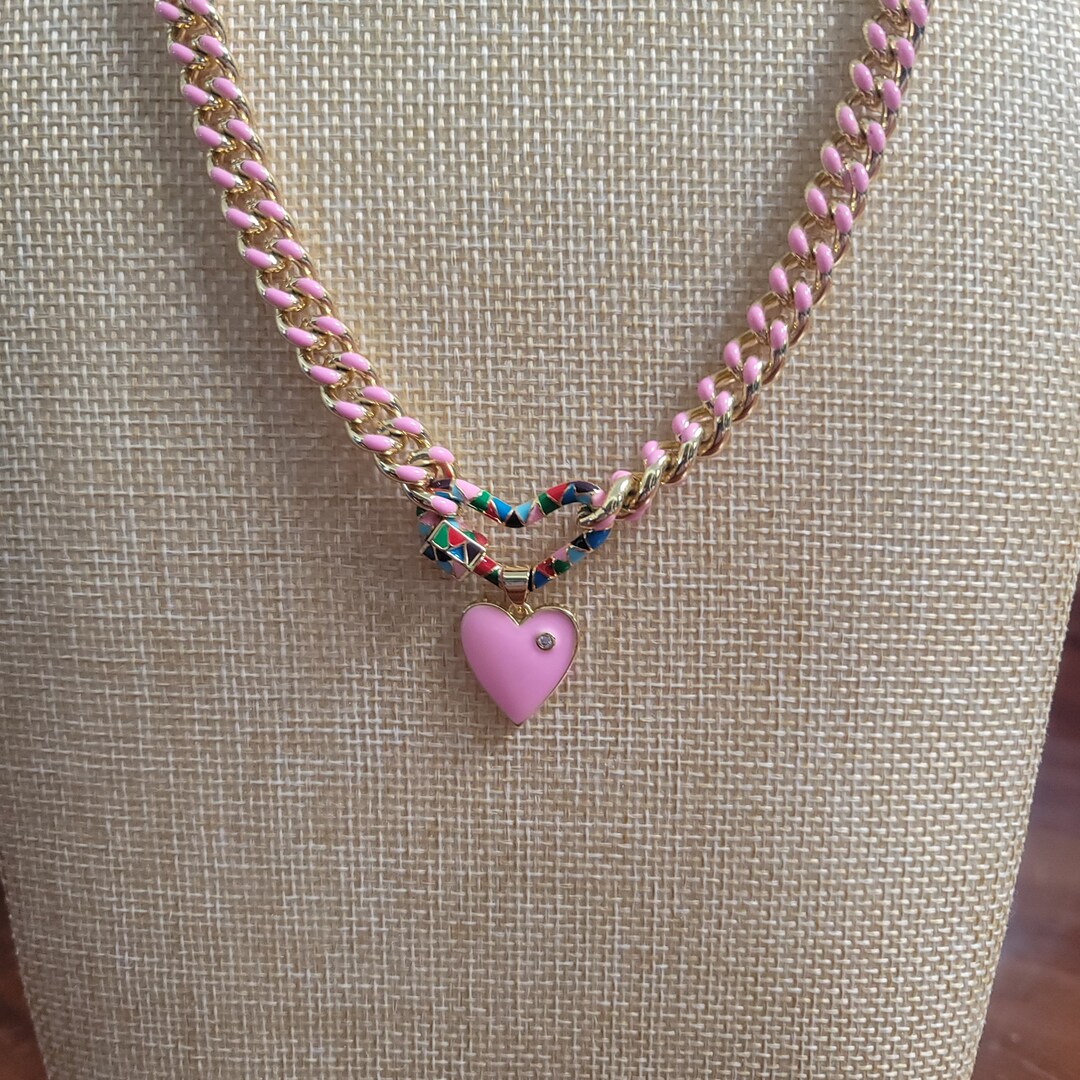 Enamel Plated Light Pink Cuban Link Necklace W/ Pink Heart Pendant - Etsy