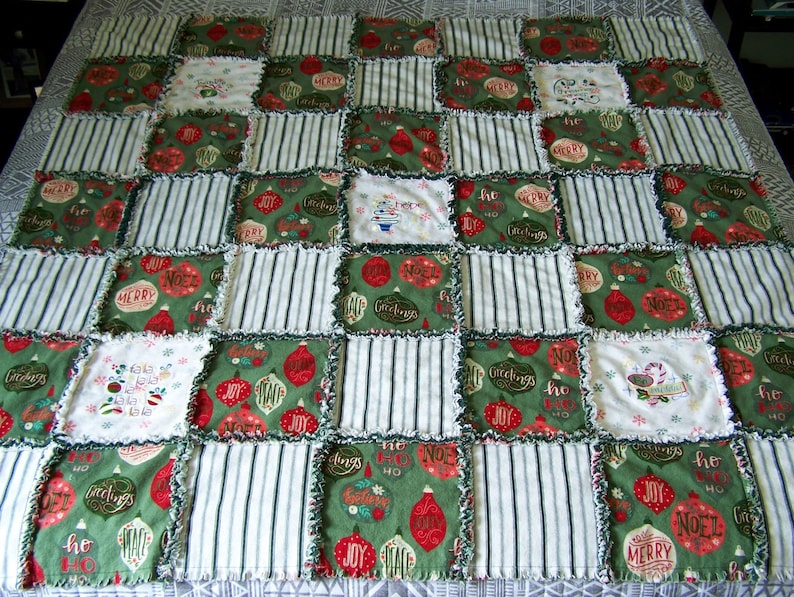 Cozy Christmas Rag Quilt Throw Christmas Word Ornaments Embroidered ...