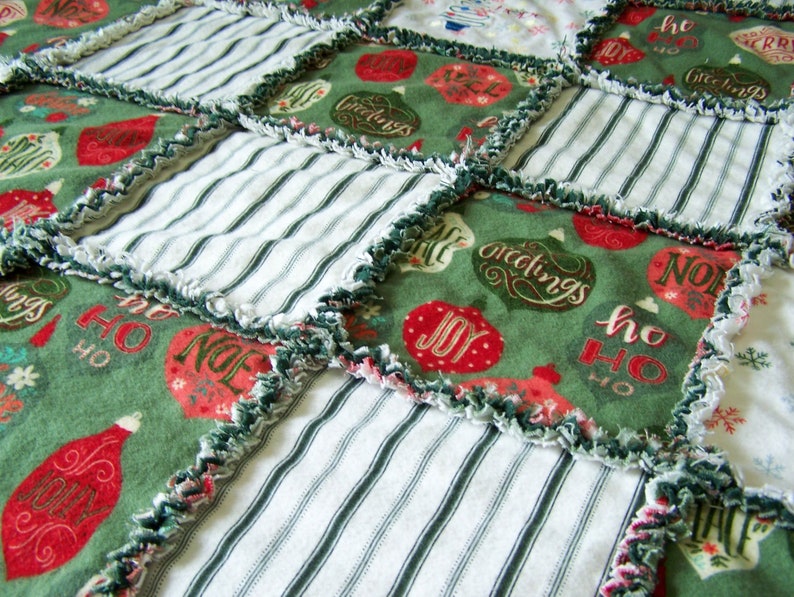 Cozy Christmas Rag Quilt Throw Christmas Word Ornaments Embroidered ...