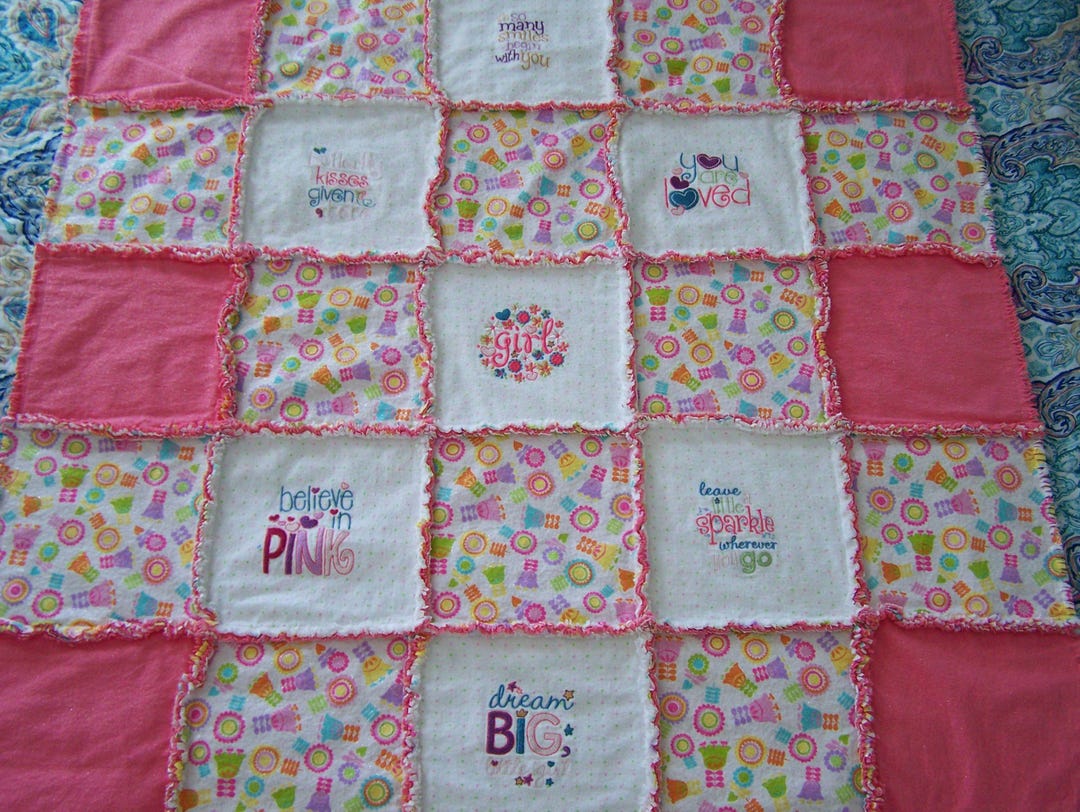 Girly Pink Rag Quilt With Embroidered Designs - Soft Snuggle Flannel ...