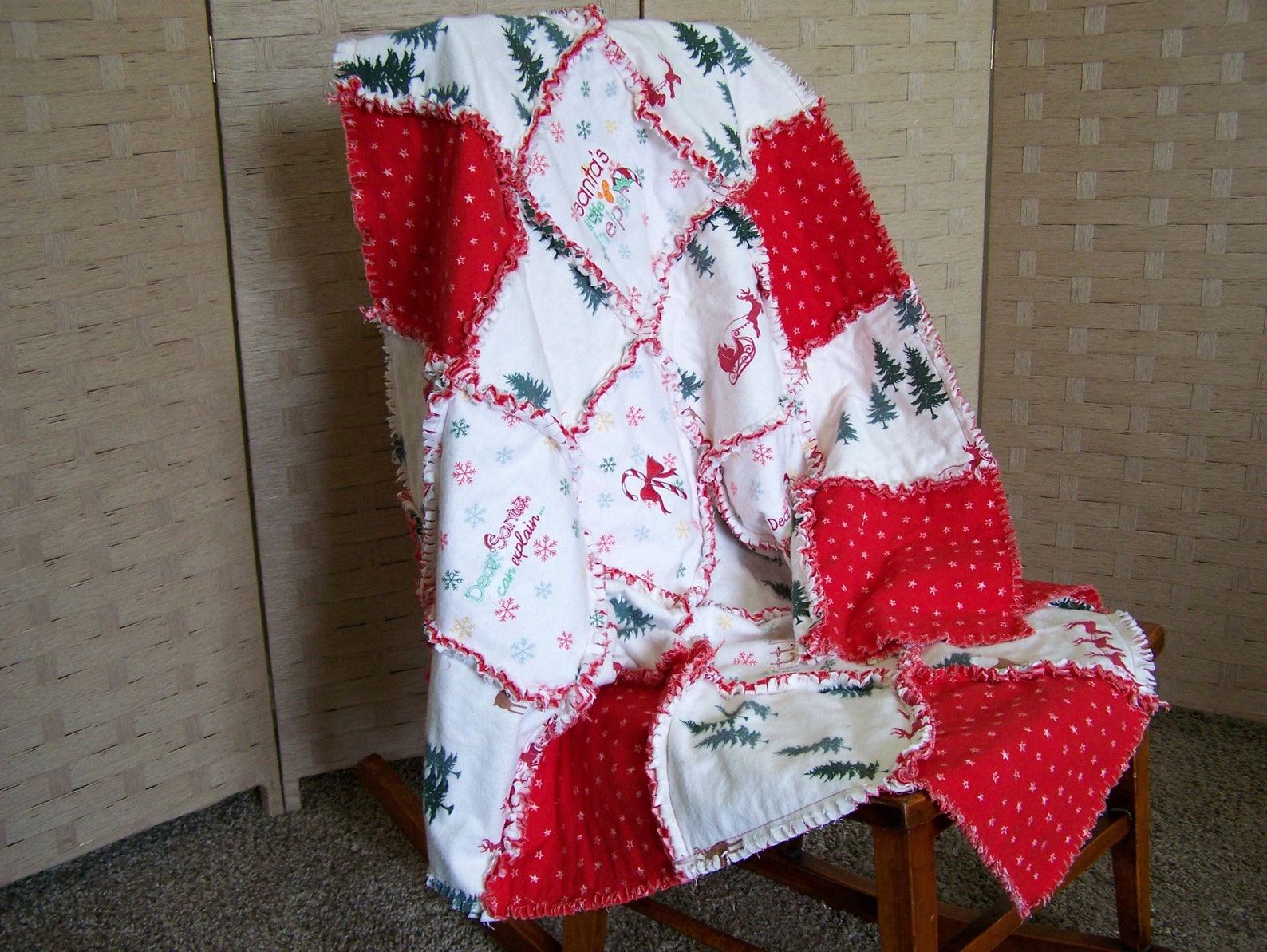 Santa and Reindeer Rag Quilt Throw – Sweet Embroidered Santa Sayings ...