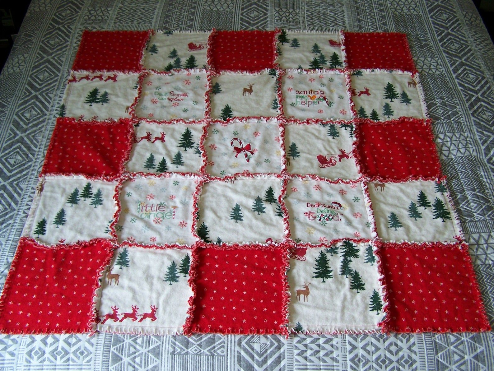 Santa and Reindeer Rag Quilt Throw – Sweet Embroidered Santa Sayings ...
