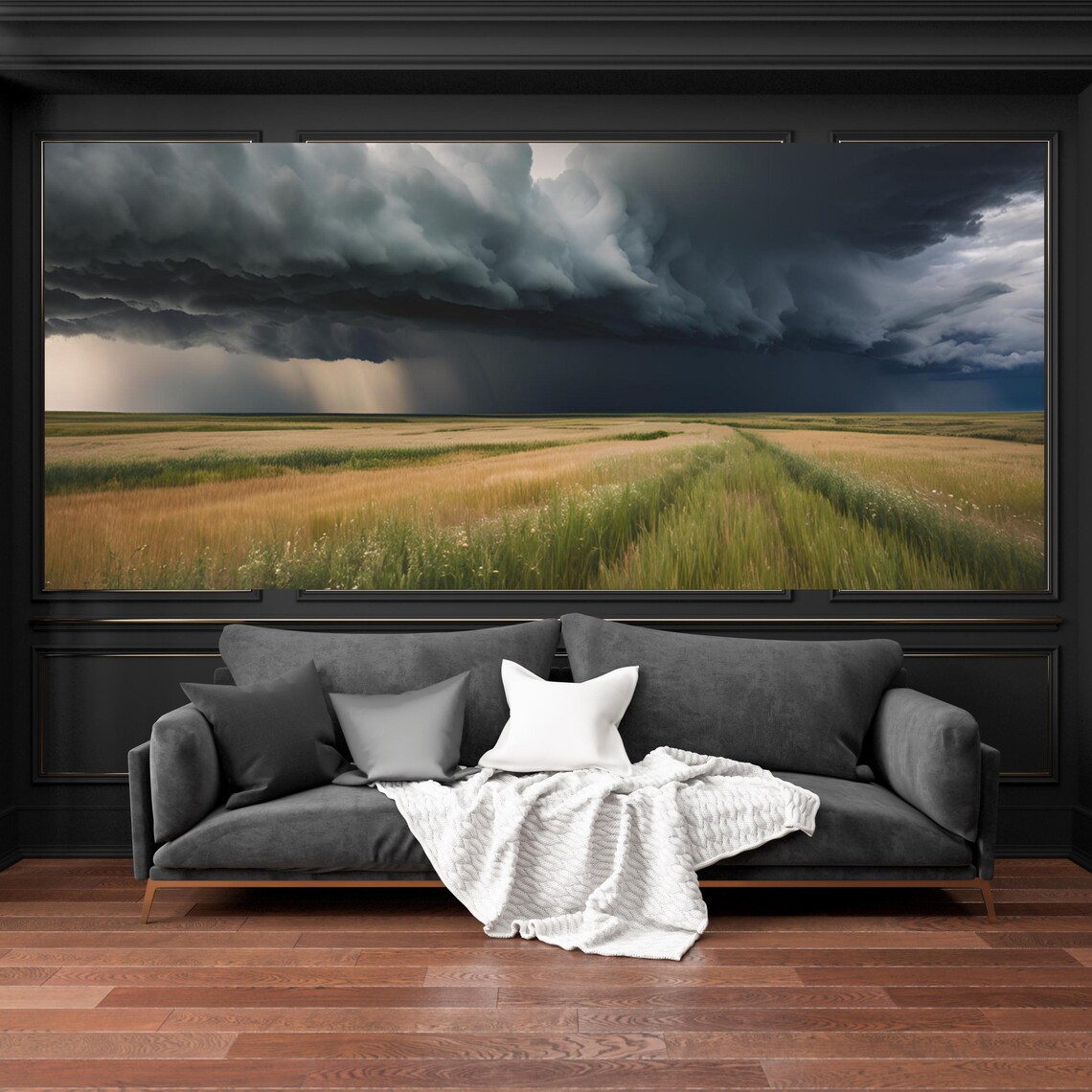 Prairie Storm, Vibrant Black Sky Against Gold and Green Landscape ...