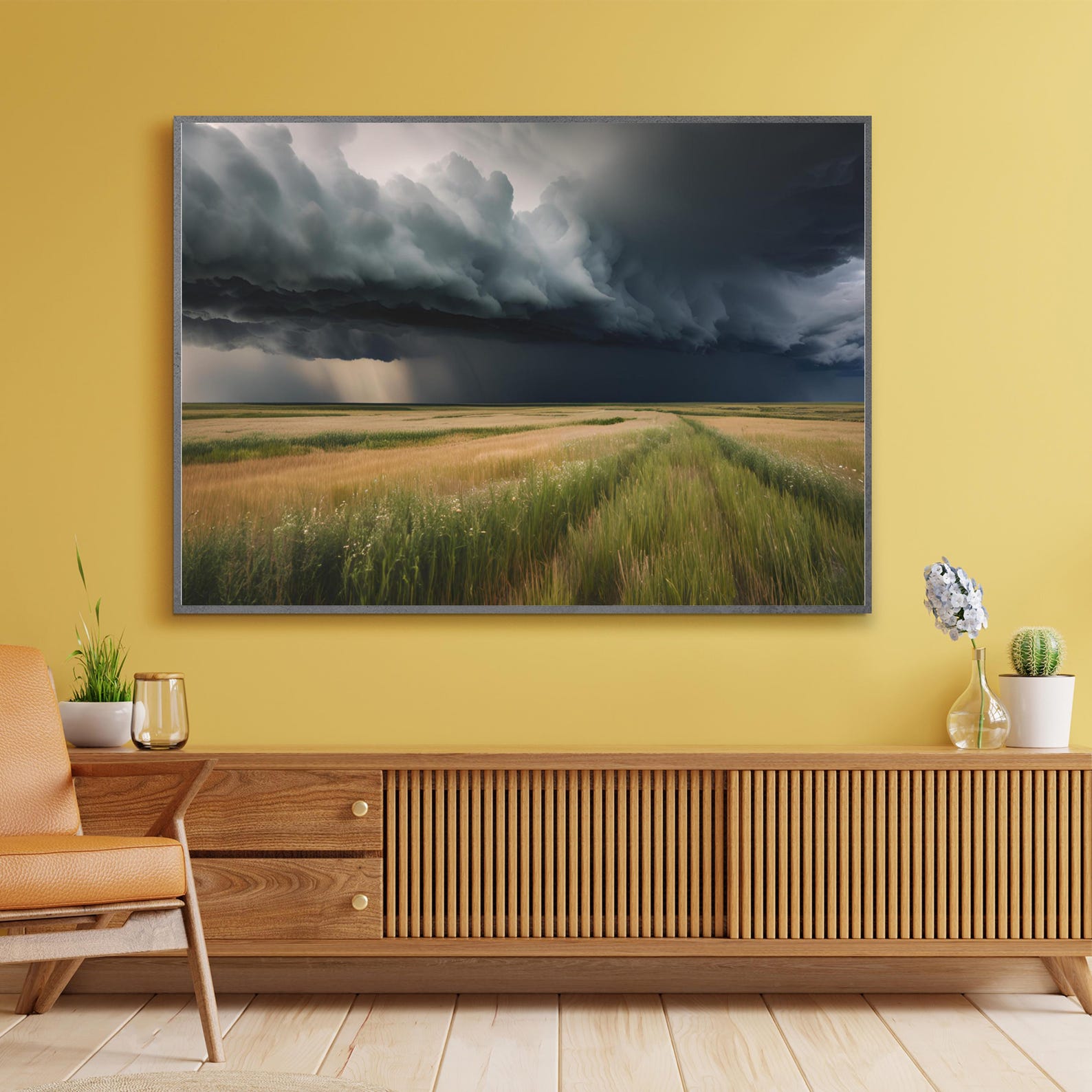 Prairie Storm, Vibrant Black Sky Against Gold and Green Landscape ...