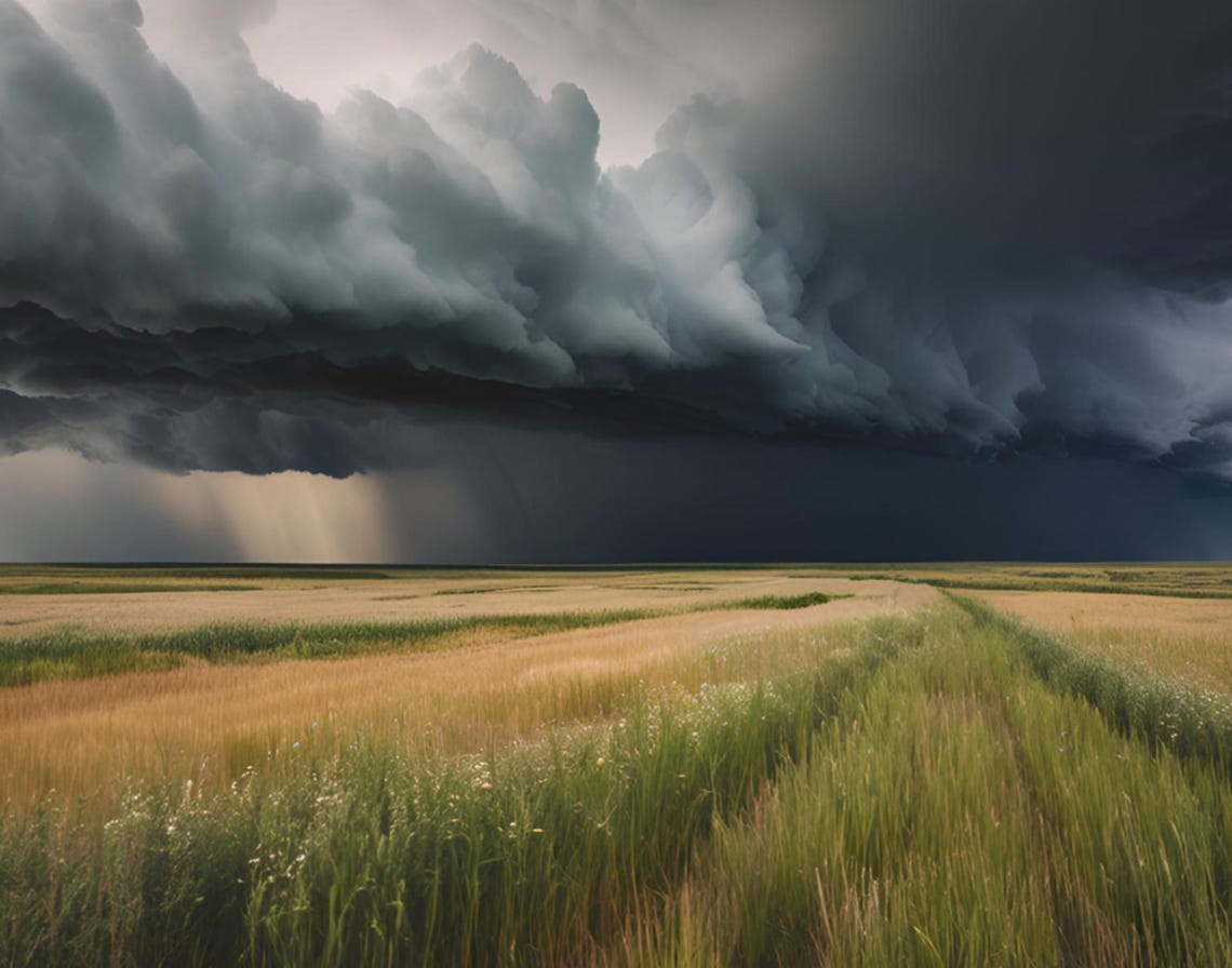 Prairie Storm, Vibrant Black Sky Against Gold and Green Landscape ...