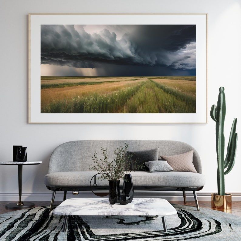 Prairie Storm, Vibrant Black Sky Against Gold and Green Landscape ...