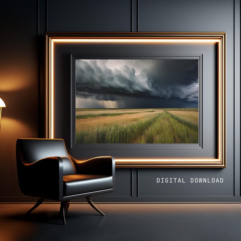 Prairie Storm, Vibrant Black Sky Against Gold and Green Landscape ...