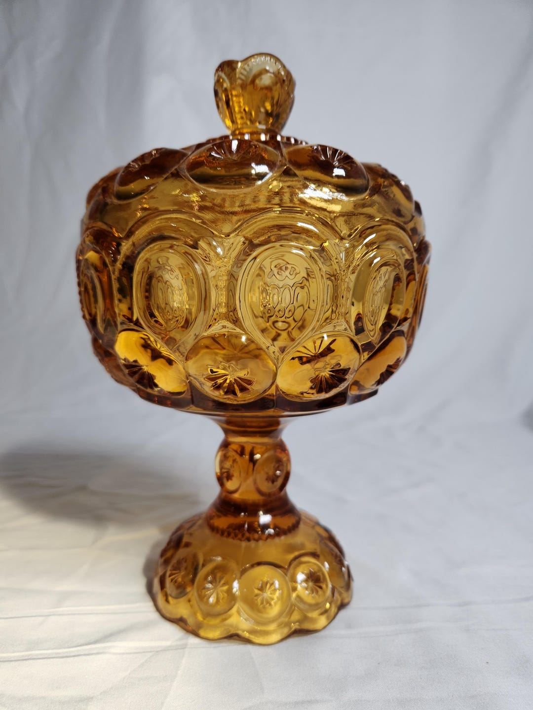 L.E. Smith Moon and Stars Large Amber Lidded Compote - Etsy
