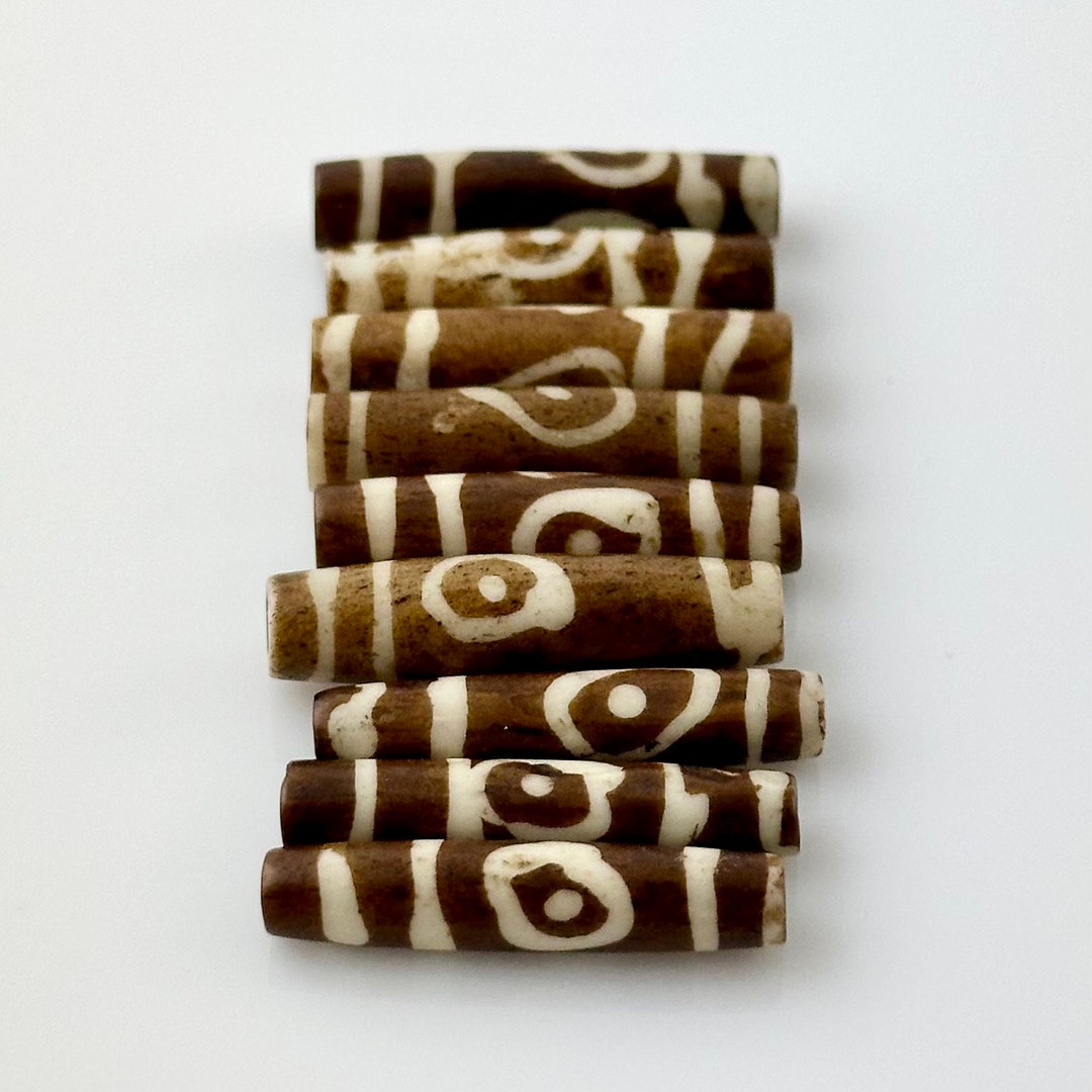 Long Bone Hairpipe Beads 25x5mm, Brown and White Batik Tribal ...