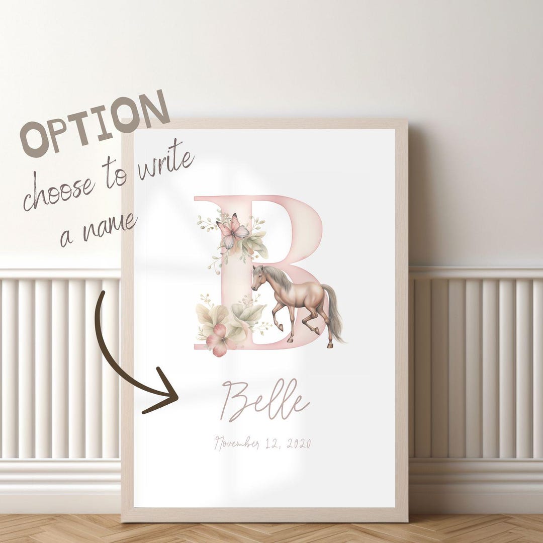 Personalized Name Print, Pink Flowers, Horse, Initialprint, Pastel ...