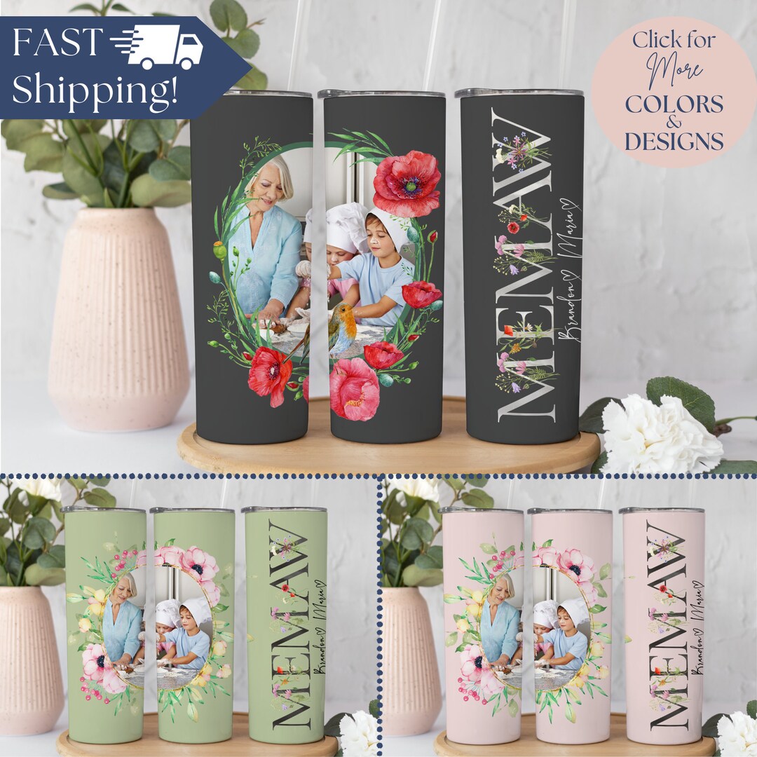 Memaw Tumbler With Picture, Floral Memaw Photo Tumbler, Personalized ...
