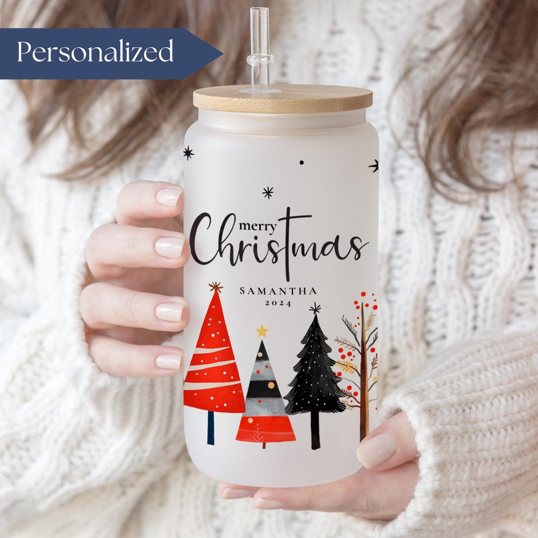 Christmas Tree Glass Tumbler Personalized Christmas Glass Cup With Lid ...
