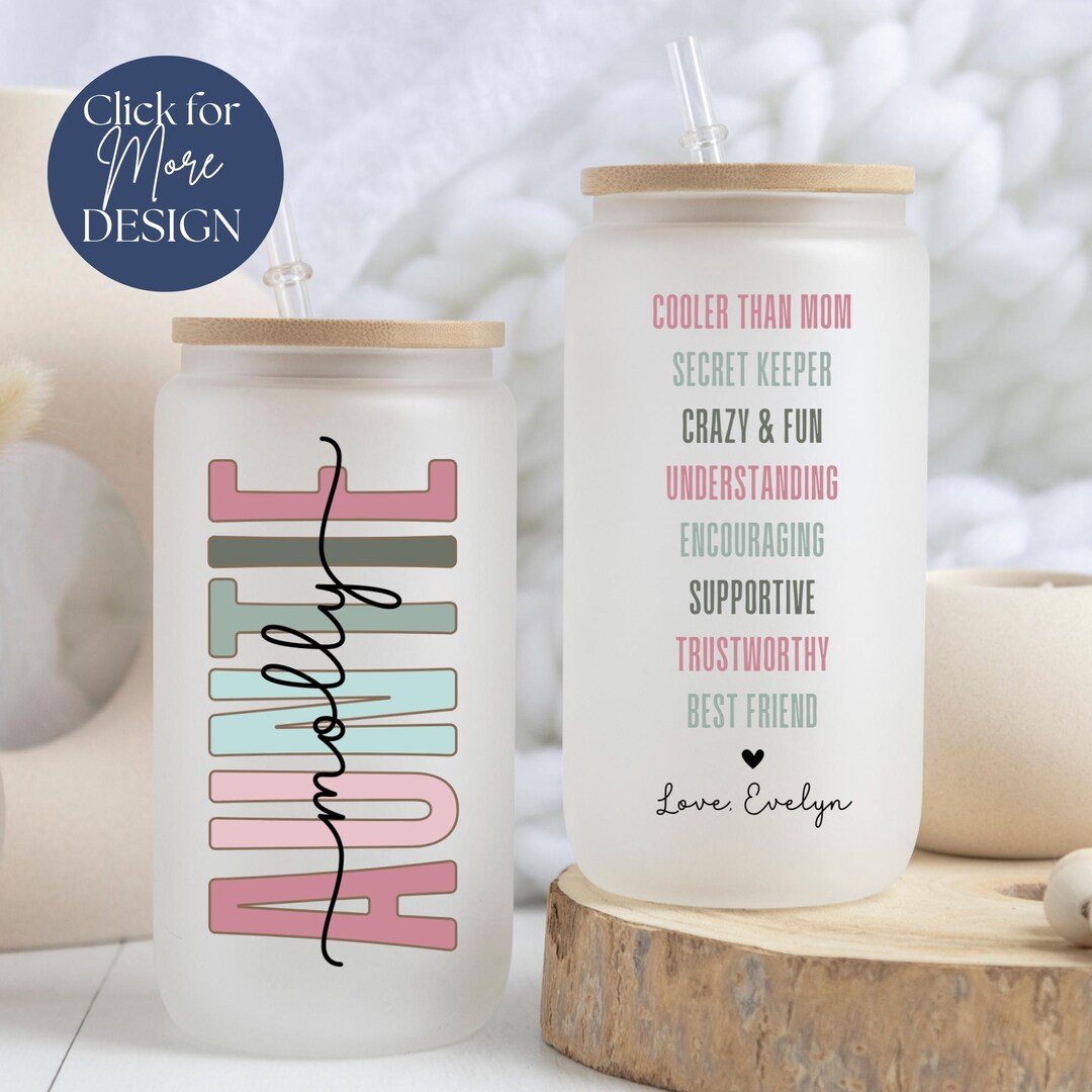 Auntie Glass Tumbler Personalized Auntie Iced Coffee Cup With Lid and ...