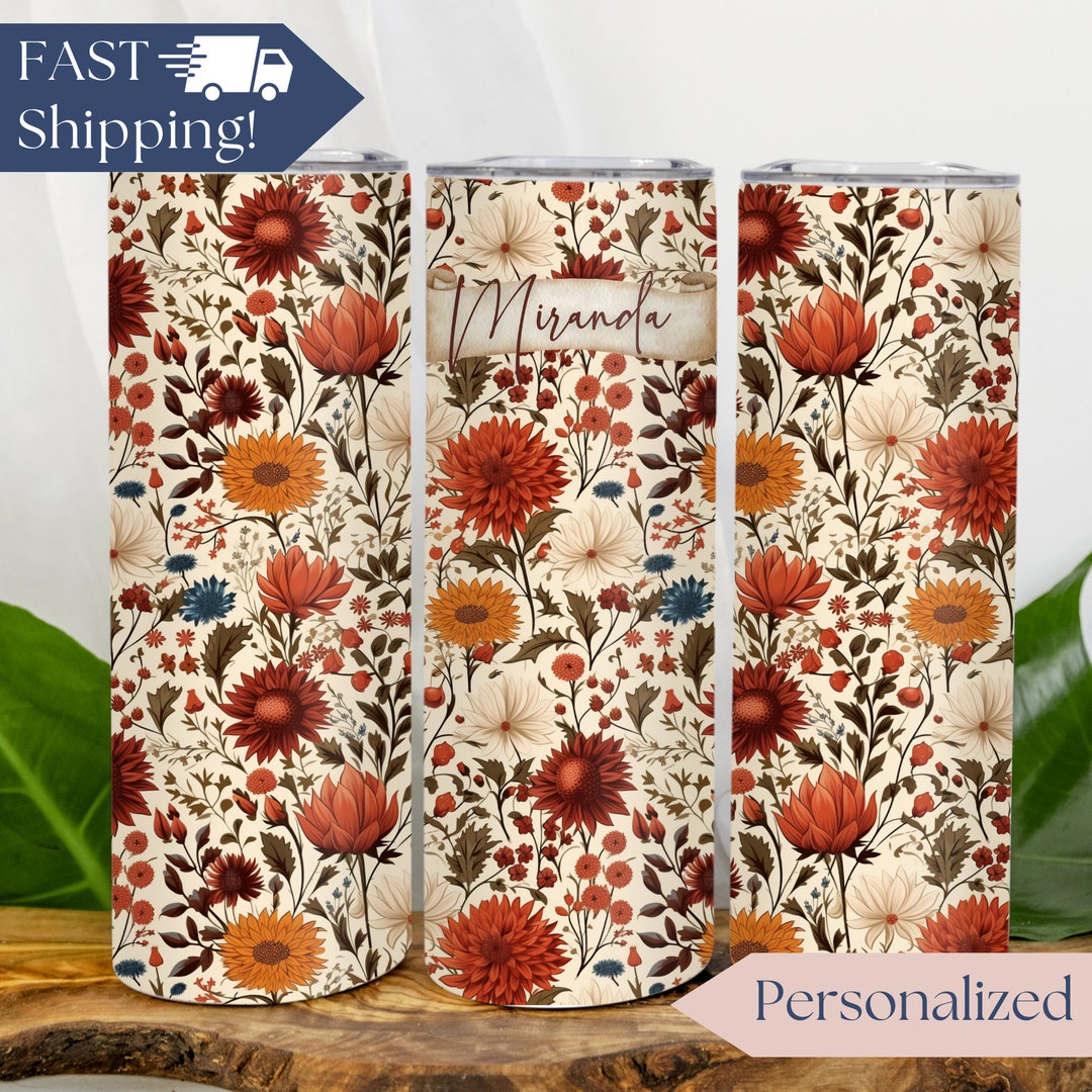 Personalized Fall Floral Tumbler With Name, Fall Floral Travel Mug ...