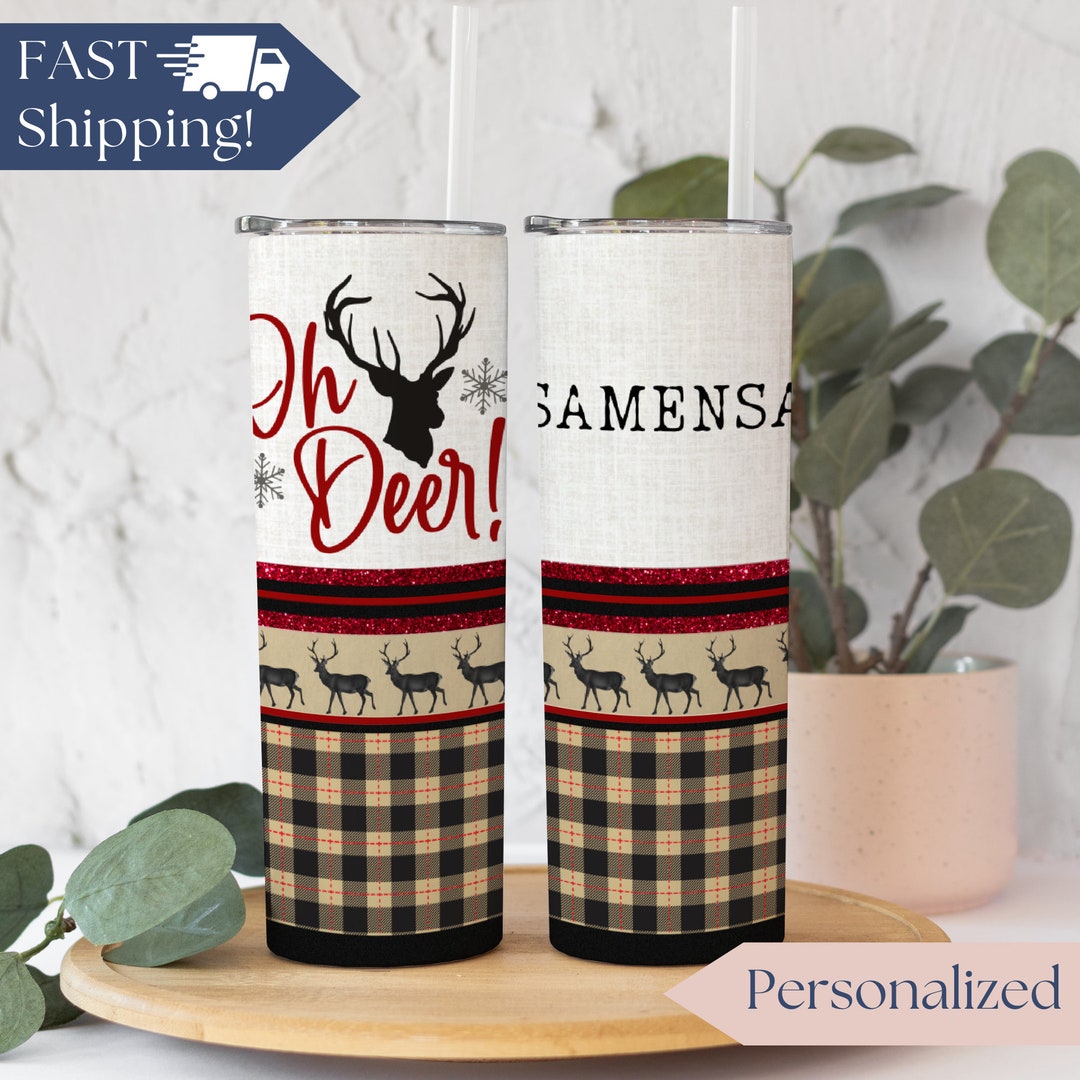 Personalized Buffalo Plaid Deer Tumbler With Name, Oh Deer Tumbler ...