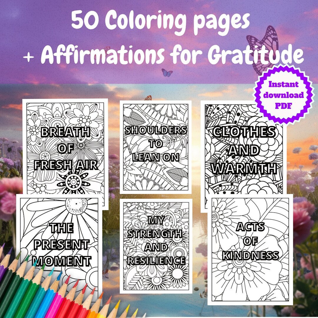 Gratitude Coloring Pages: 50 Affirmations, Thanksgiving Activity ...