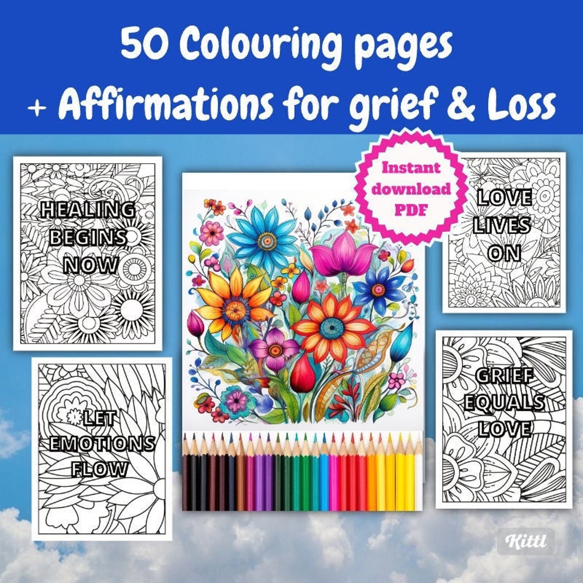 50 Grief and Loss Coloring Page Book, 50 Affirmations, Adult and Teens ...
