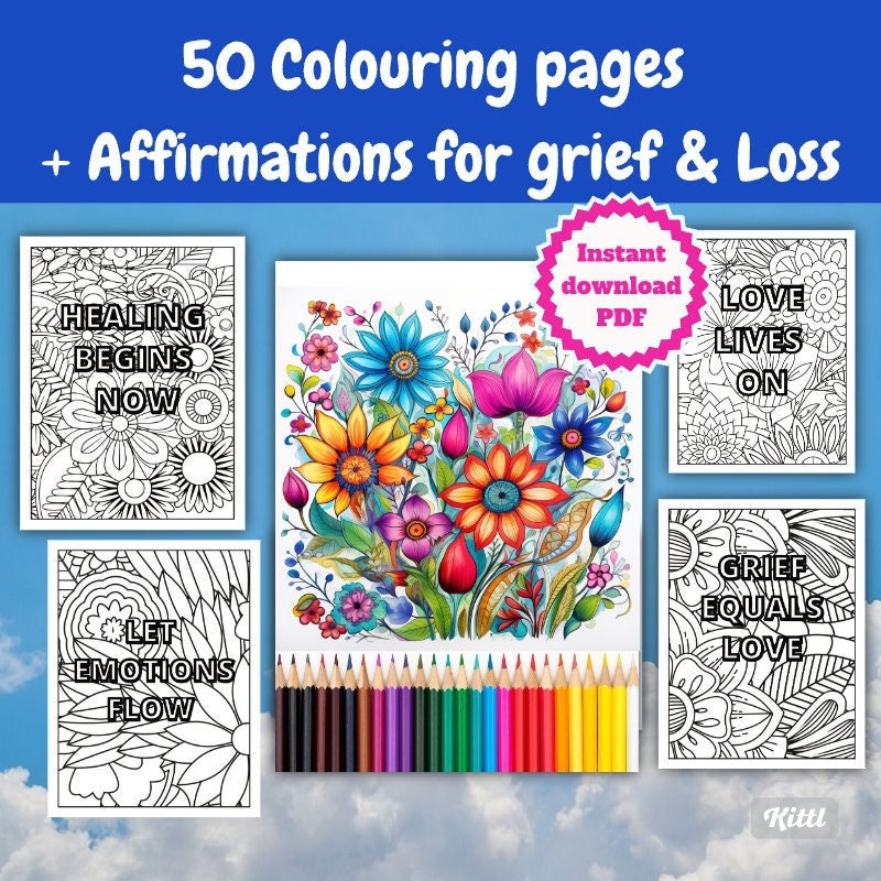 50 Grief and Loss Coloring Page Book, 50 Affirmations, Adult and Teens ...