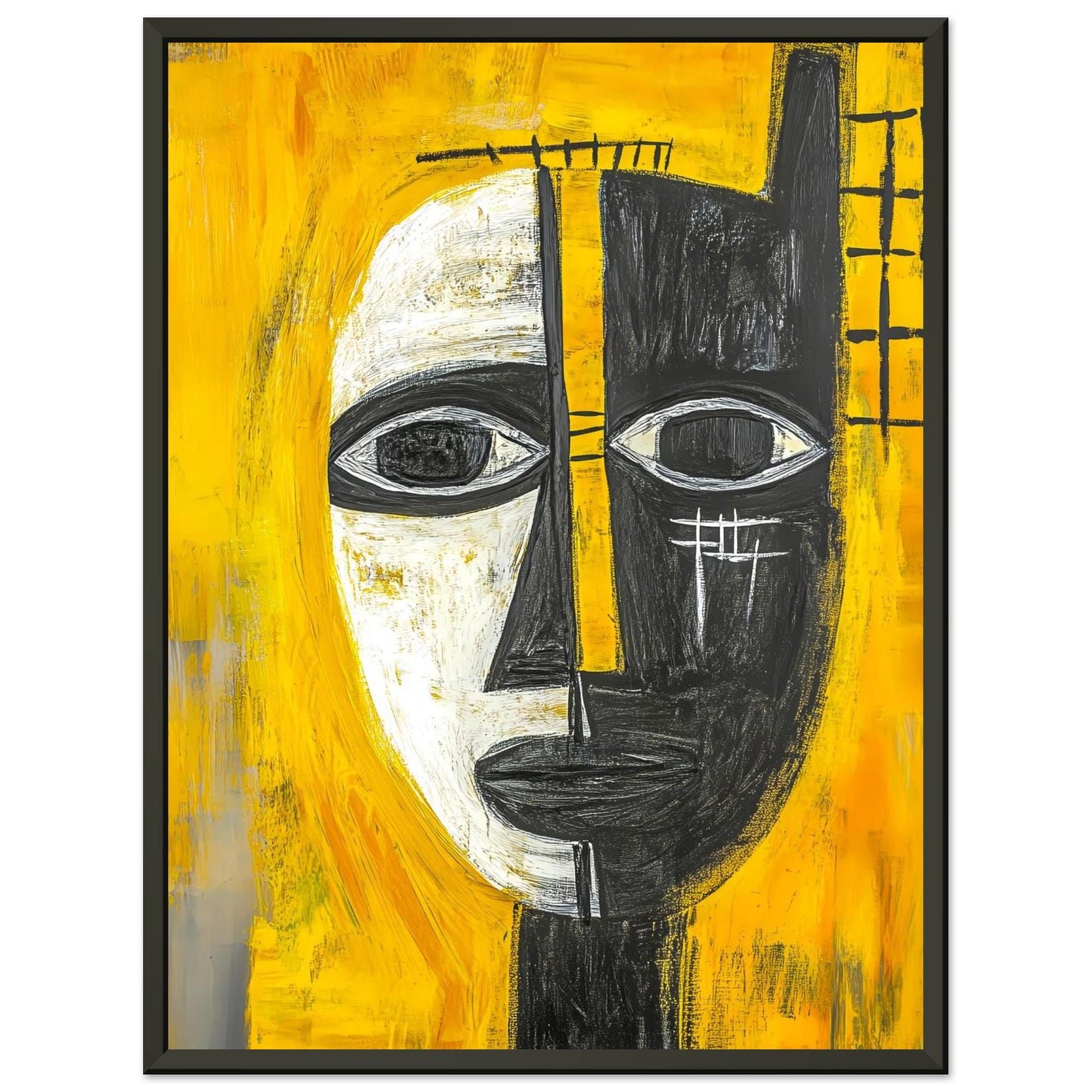 Framed African Mask Poster - Black & White Art Print With Yellowish ...