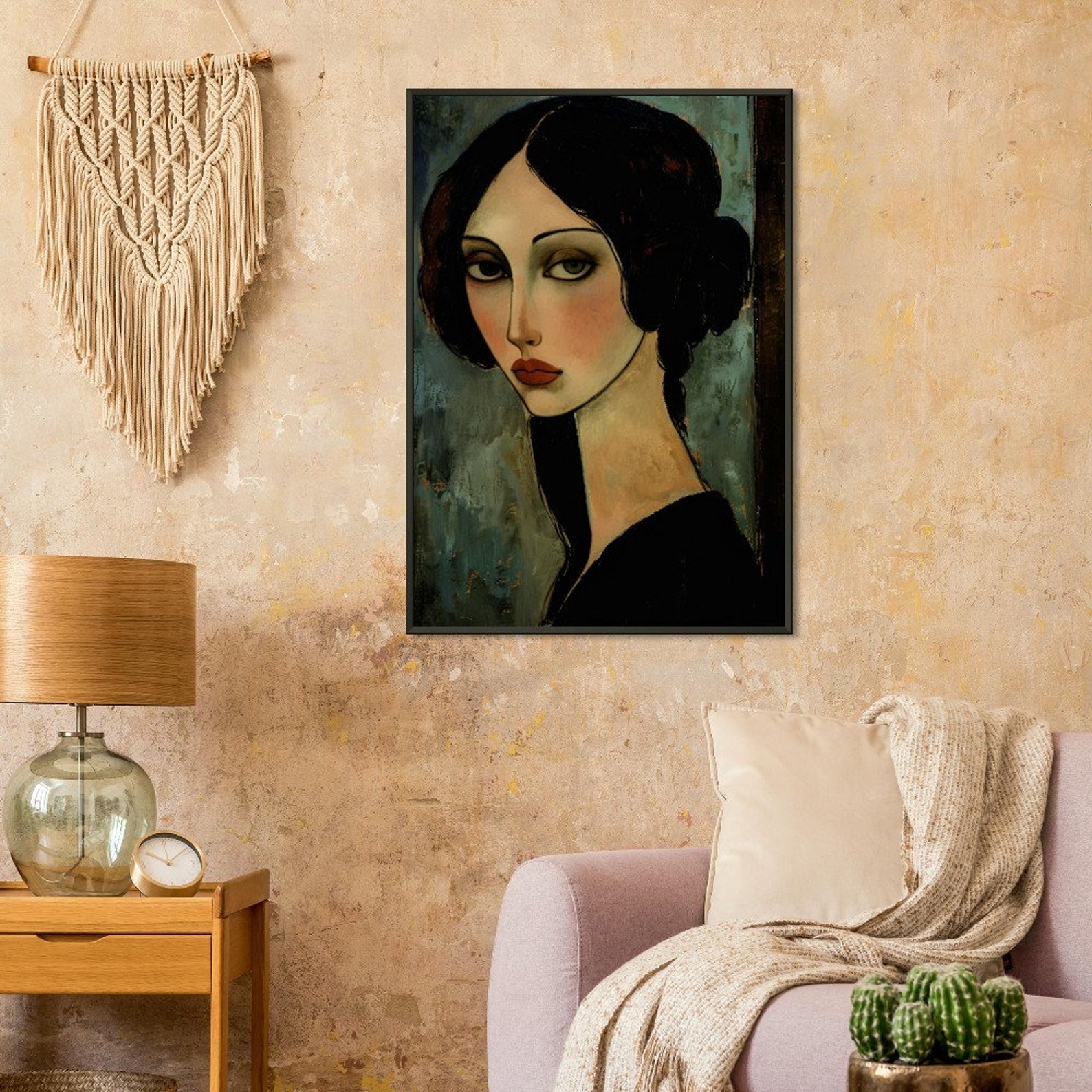 Modigliani-inspired Portrait: Cute Woman With Big Eyes and Red Lips ...