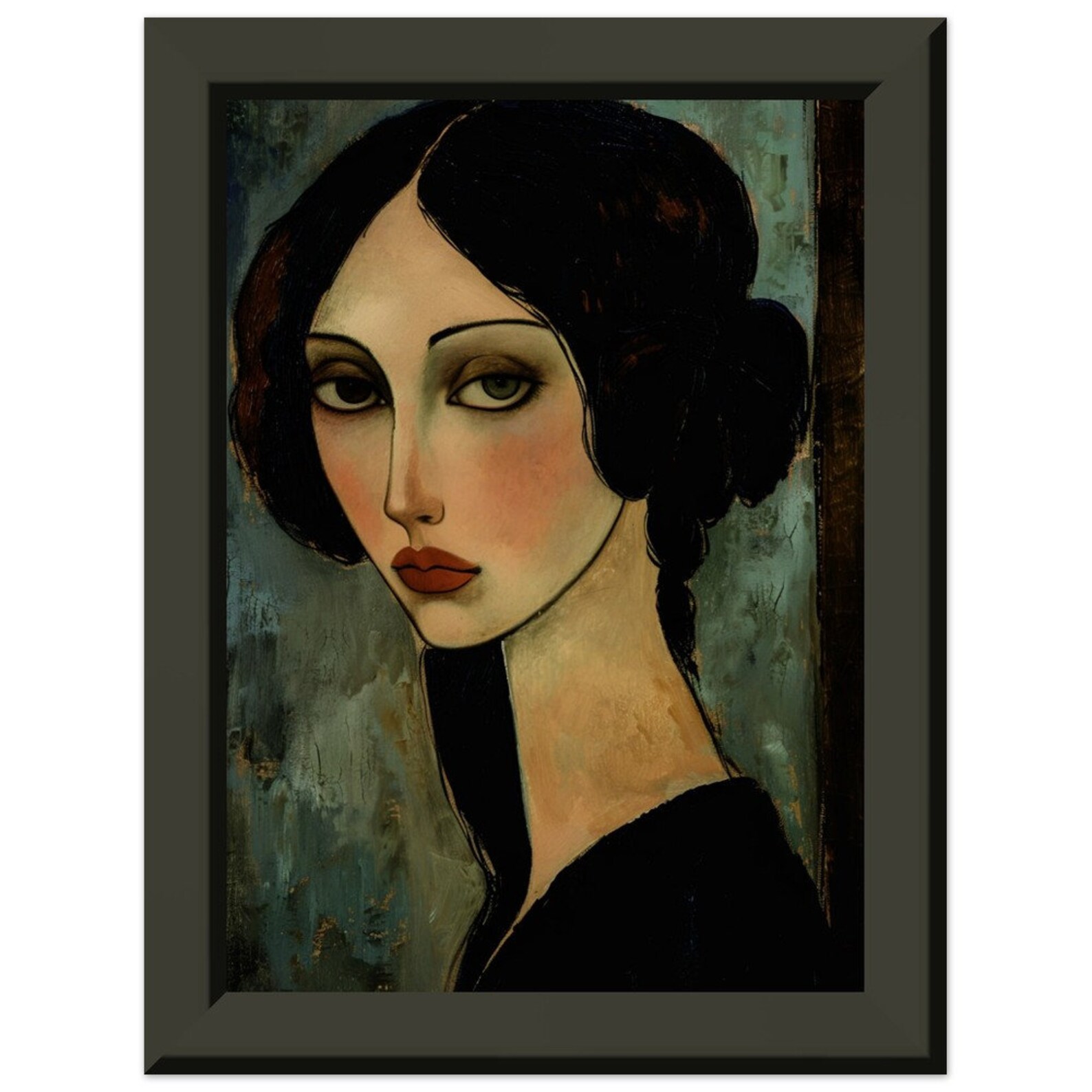 Modigliani-inspired Portrait: Cute Woman With Big Eyes and Red Lips ...