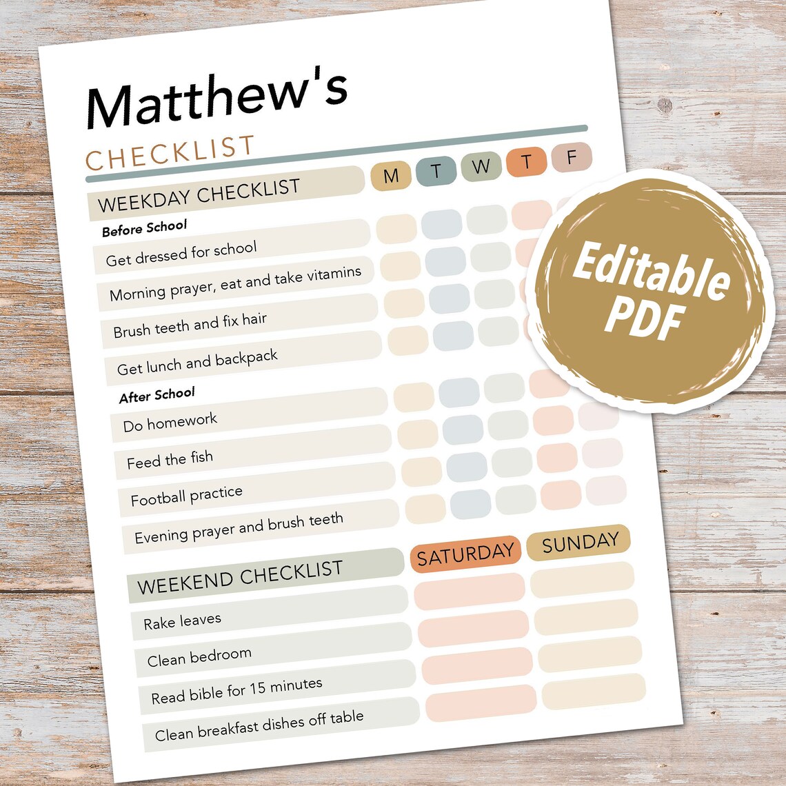 Editable Checklist Chore Chart for Kids Personalized Printable to Do ...