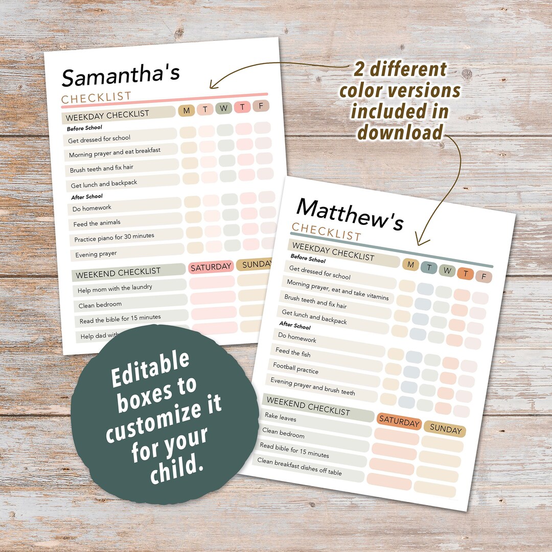 Editable Kids Schoolday Routine Checklist Chore Chart for Daily Kids ...