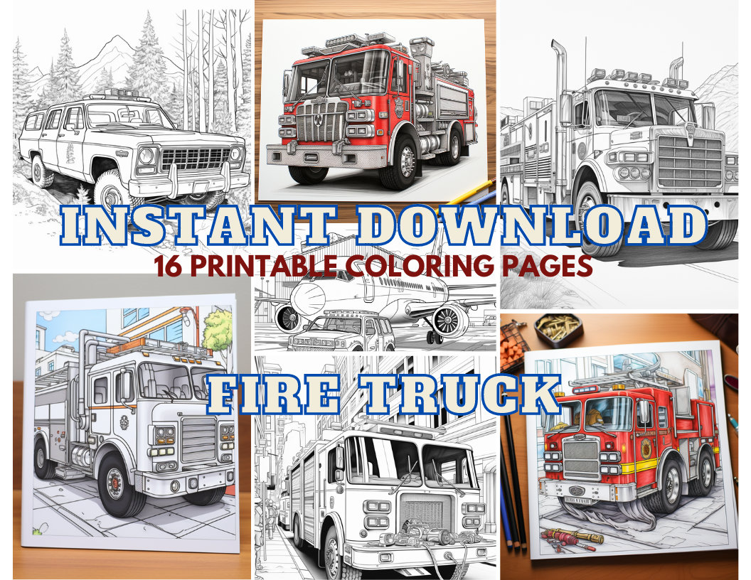 Coloring Book Pages, Firefighter Cars, Instant Download, 2 Printable ...