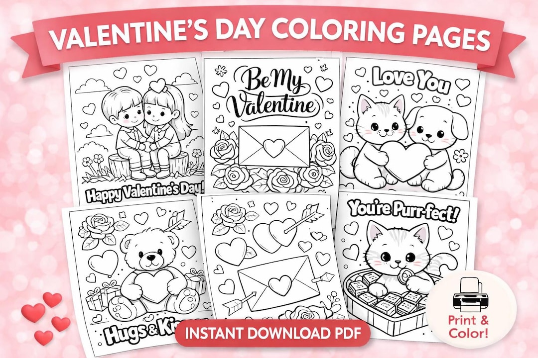 Valentines Day Coloring Sheets - 6 Sheets - Etsy