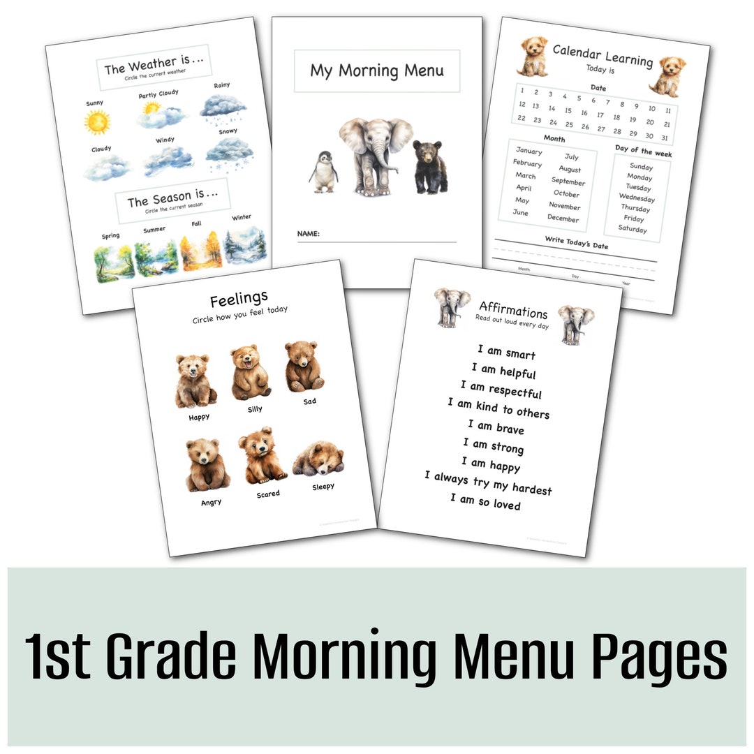 1st Grade Morning Menu Printable | 22 Animal-themed Educational Pages ...