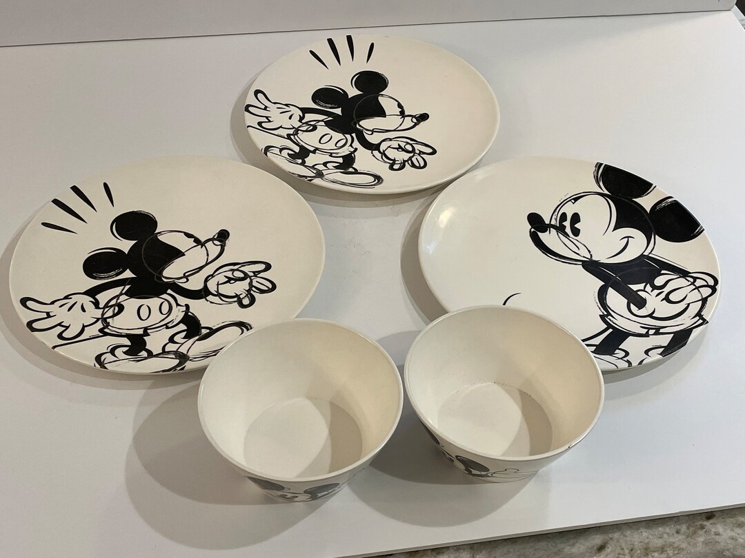 Zak Designs, White and Black Sketch of Mickey Mouse Plates and Bowl ...