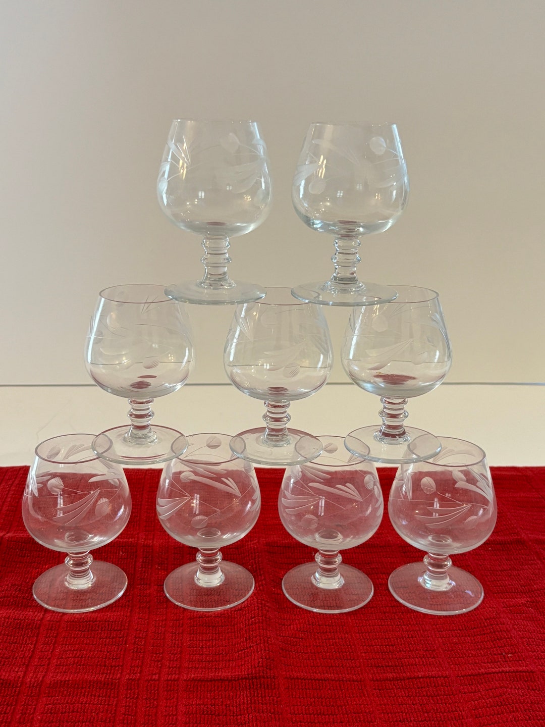 Vintage, 9 Etched Brandy Snifters, Leaves and Berries, Stem Pedestal 4 ...