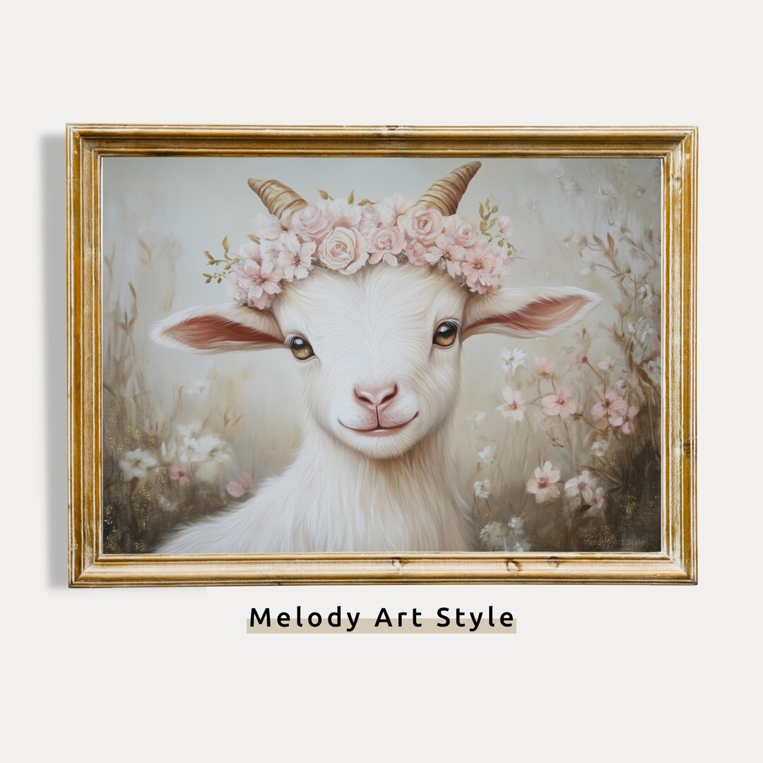 Goat With Floral Crown Printable Wall Art, Cottagecore Animal Decor ...