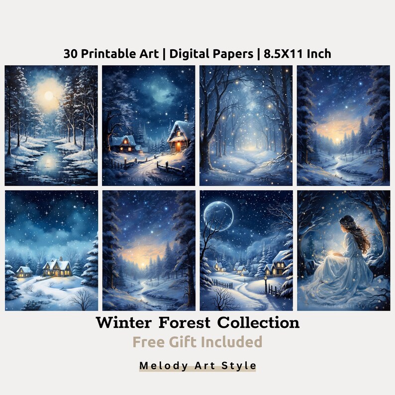 Winter Forest Printable Art Winter Images Set Fantasy Digital Paper ...