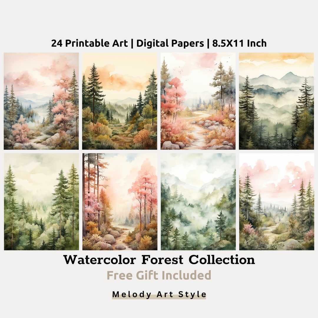 Watercolor Forest Printable Art, Nature Wallpaper Paper Set, Trees ...